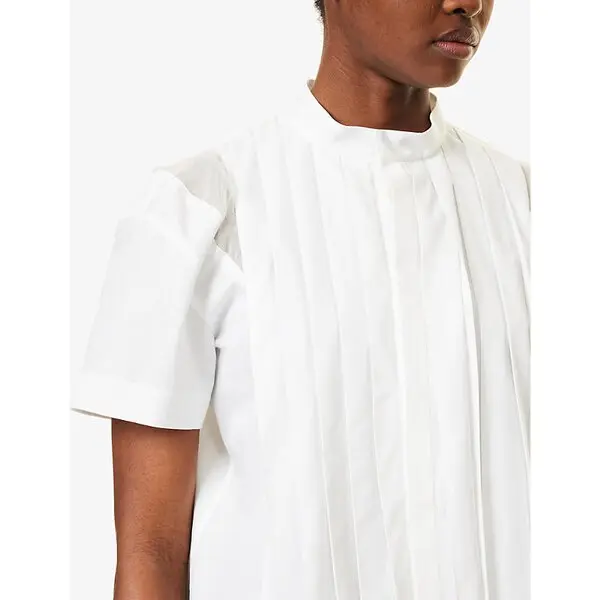 Sacai Pleated Short-Sleeved Woven-Blend Shirt In Off White - 45